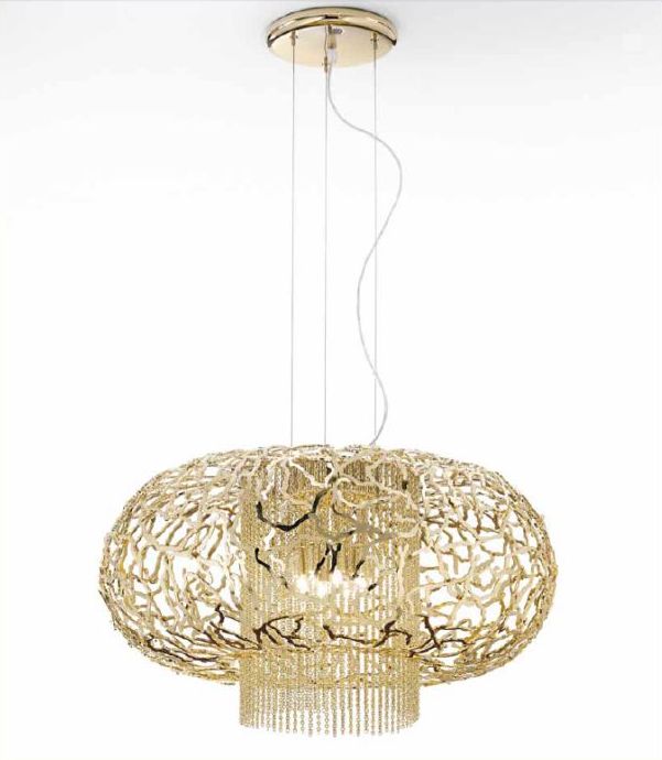 Modern Italian gold, bronze or steel metal filigree ceiling pendant li ...